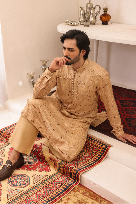 SB-05 Satin Sheen Gold Embroidered kurta and pajama – Emraan Rajput