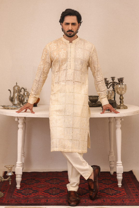 SB-06 Beige gold embroidered kurta and pajama – Emraan Rajput